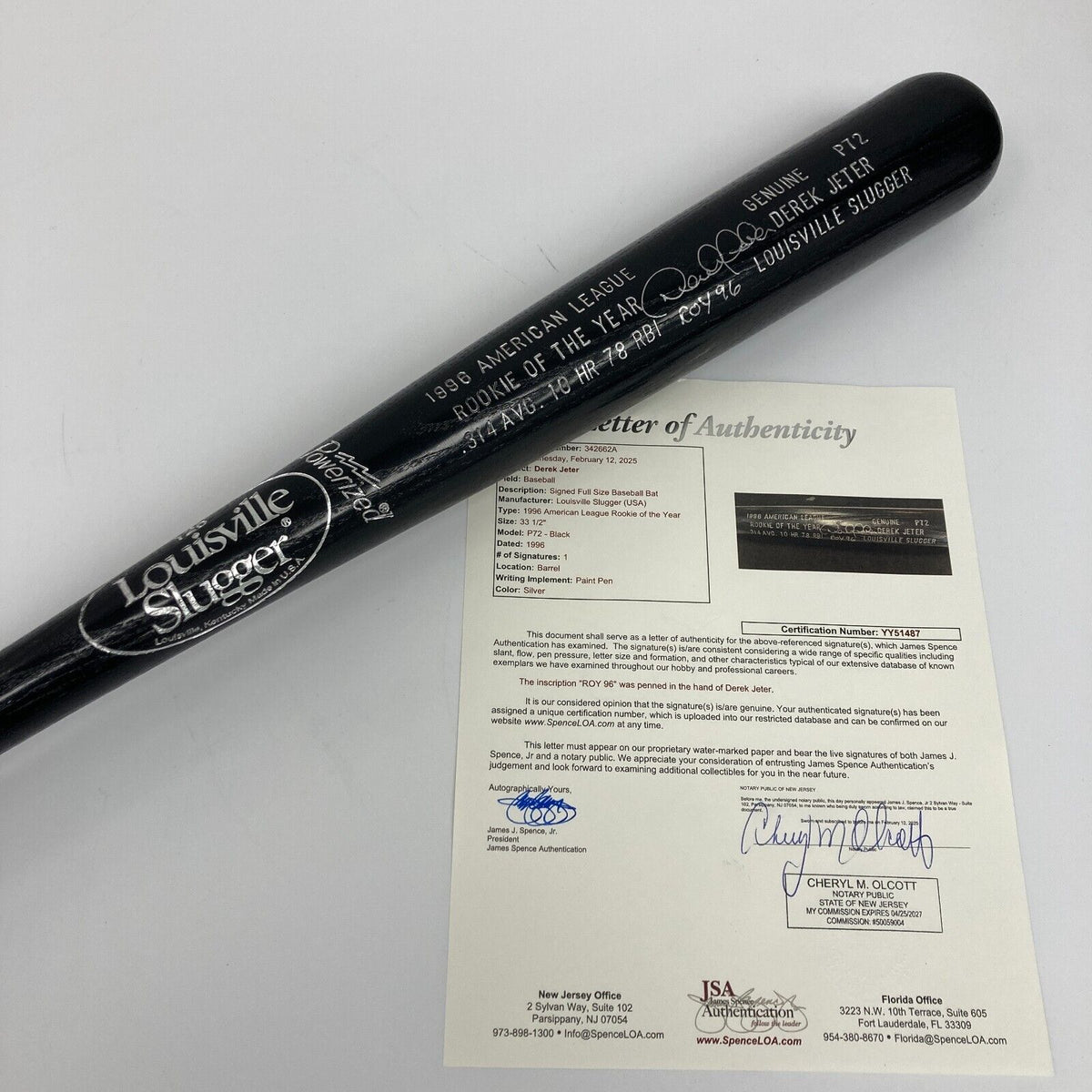 Rare Derek Jeter "1996 Rookie Of The Year" Signed Game Model Baseball ...