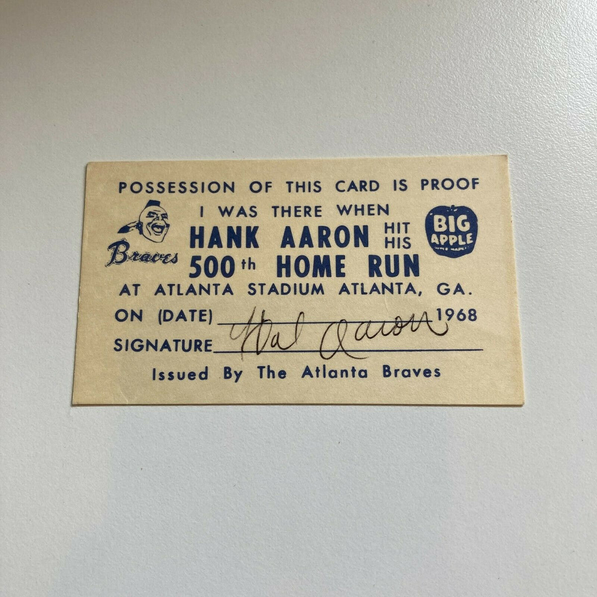 Hank Aaron Signed 1968 "I Was There When Hank Aaron Hit His 500th Home ...