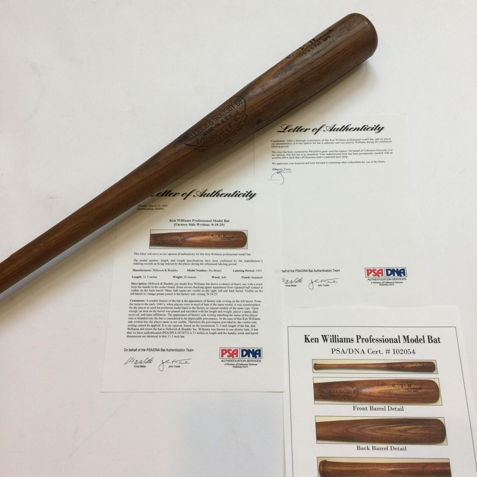 Extraordinary Ken Williams 1925 Game Used Side Written Baseball Bat PS ...